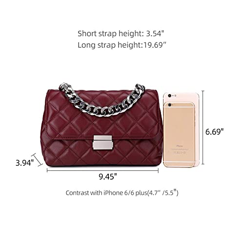 DORIS&JACKY Leather Quilted Shoulder Handbags Classical Crossbody Purse with Metal Chain Wine Red