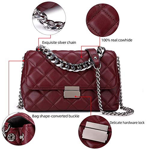 DORIS&JACKY Leather Quilted Shoulder Handbags Classical Crossbody Purse with Metal Chain Wine Red