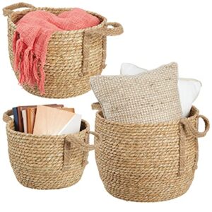 mdesign round braided seagrass woven storage basket with jute handles – rope weave circle-shaped basket bin for shoe storage in entryway, organizing playroom toys, and laundry – set of 3 – natural