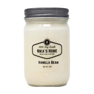 nika’s home vanilla bean soy candle 12oz mason jar non-toxic white soy candle-hand poured handmade, long burning 50-60 hours highly scented all natural, clean burning large candle gift décor