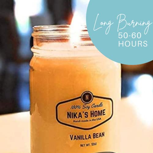 Nika's Home Vanilla Bean Soy Candle 12oz Mason Jar Non-Toxic White Soy Candle-Hand Poured Handmade, Long Burning 50-60 Hours Highly Scented All Natural, Clean Burning Large Candle Gift Décor