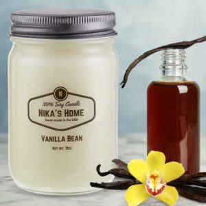 Nika's Home Vanilla Bean Soy Candle 12oz Mason Jar Non-Toxic White Soy Candle-Hand Poured Handmade, Long Burning 50-60 Hours Highly Scented All Natural, Clean Burning Large Candle Gift Décor