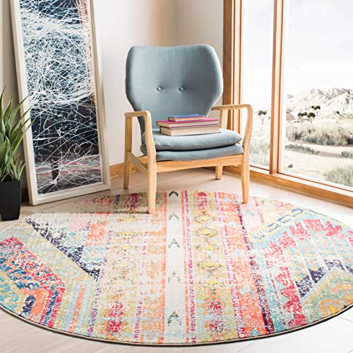 SAFAVIEH Madison Collection 5' Round Blue/Orange MAD422F Boho Chic Tribal Distressed Non-Shedding Dining Room Entryway Foyer Living Room Bedroom Area Rug