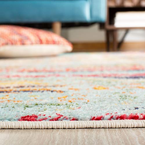 SAFAVIEH Madison Collection 5' Round Blue/Orange MAD422F Boho Chic Tribal Distressed Non-Shedding Dining Room Entryway Foyer Living Room Bedroom Area Rug