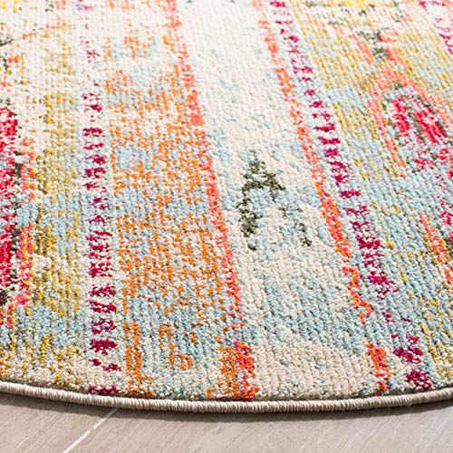 SAFAVIEH Madison Collection 5' Round Blue/Orange MAD422F Boho Chic Tribal Distressed Non-Shedding Dining Room Entryway Foyer Living Room Bedroom Area Rug