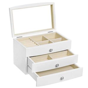 songmics jewelry box, 3-tier wooden jewelry case, jewelry organizer with large mirror, for rings, necklaces, earrings, bracelets, white ujow03w