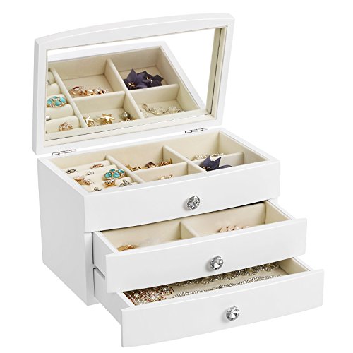 SONGMICS Jewelry Box, 3-Tier Wooden Jewelry Case, Jewelry Organizer with Large Mirror, for Rings, Necklaces, Earrings, Bracelets, White UJOW03W