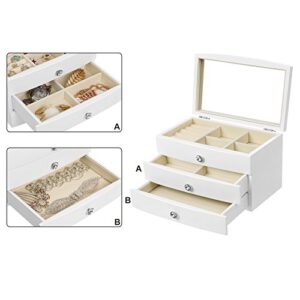 SONGMICS Jewelry Box, 3-Tier Wooden Jewelry Case, Jewelry Organizer with Large Mirror, for Rings, Necklaces, Earrings, Bracelets, White UJOW03W