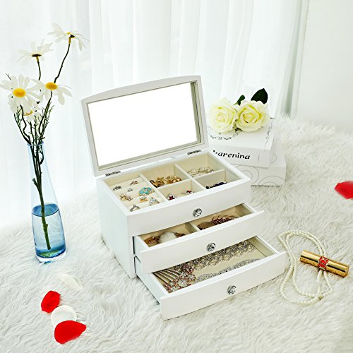 SONGMICS Jewelry Box, 3-Tier Wooden Jewelry Case, Jewelry Organizer with Large Mirror, for Rings, Necklaces, Earrings, Bracelets, White UJOW03W