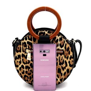 Leopard Neon Snake Print Vegan Leather Ring Handle Medium Crossbody Satchel (Leopard Taupe)