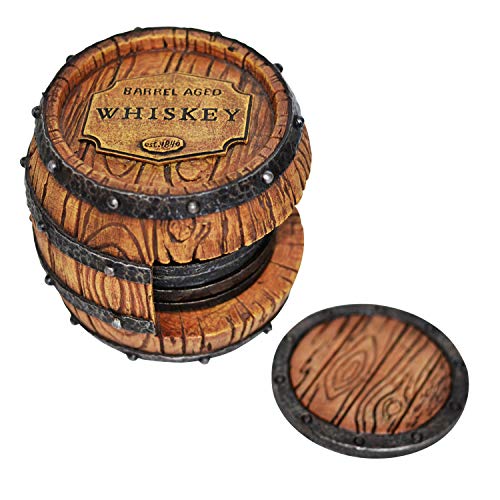 5pc Whiskey Bourbon Barrel Drink Coasters, Unique Bar Decor & Accessories, Beer & Whiskey Glass Coaster - Home Decorations for Dining Room or Home Bar - Modern Coaster Set with Holder for Man Cave