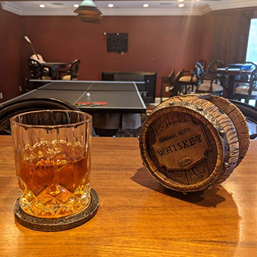 5pc Whiskey Bourbon Barrel Drink Coasters, Unique Bar Decor & Accessories, Beer & Whiskey Glass Coaster - Home Decorations for Dining Room or Home Bar - Modern Coaster Set with Holder for Man Cave