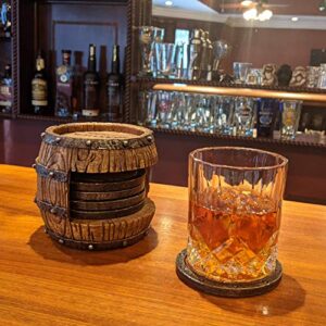 5pc Whiskey Bourbon Barrel Drink Coasters, Unique Bar Decor & Accessories, Beer & Whiskey Glass Coaster - Home Decorations for Dining Room or Home Bar - Modern Coaster Set with Holder for Man Cave