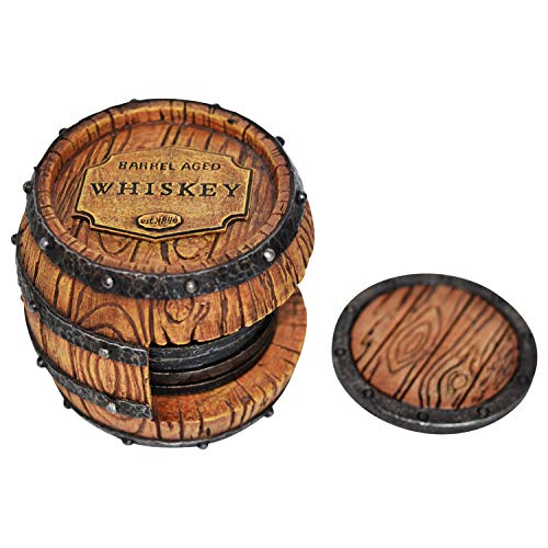 5pc Whiskey Bourbon Barrel Drink Coasters, Unique Bar Decor & Accessories, Beer & Whiskey Glass Coaster - Home Decorations for Dining Room or Home Bar - Modern Coaster Set with Holder for Man Cave