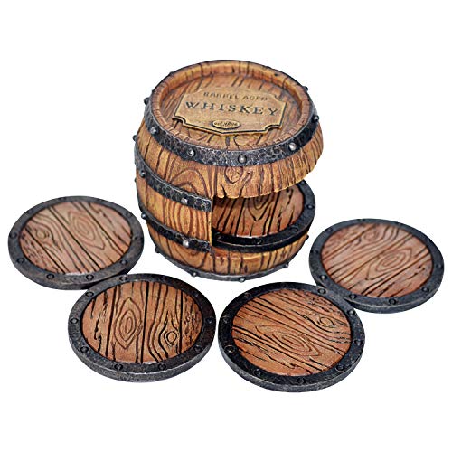 5pc Whiskey Bourbon Barrel Drink Coasters, Unique Bar Decor & Accessories, Beer & Whiskey Glass Coaster - Home Decorations for Dining Room or Home Bar - Modern Coaster Set with Holder for Man Cave