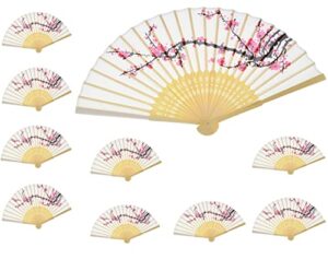 wuyuxibo 10 pcs delicate cherry blossom design silk folding hand fan wedding favors gifts,fan girls, ladies, church wedding gift, party favors, diy decoration