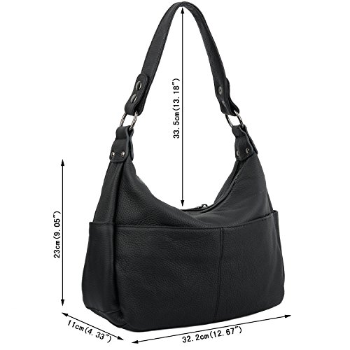 YALUXE Women's Double Zipper Cowhide Leather Style Shoulder Bag Black 2.5