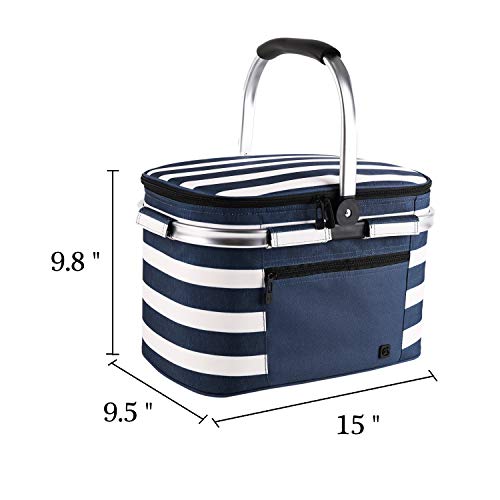 ALLCAMP Insulated Picnic Baskets Shoping Basket Cooler Bag Collapsible Portable Picnic Basket (Blue White Stripe)