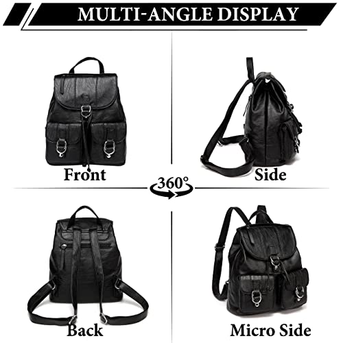 VASCHY Mini Backpack Purse for Women, Fashion Faux Leather Buckle Flap Drawstring Backpack for College with Two Front Pockets Black