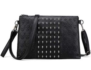 fivelovetwo women punk skull print clutch pu leather satchel shoulder tote top-handle purse handbag black