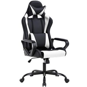 high-back gaming chair pc office chair computer racing chair pu desk task chair ergonomic executive swivel rolling chair with lumbar support for back pain women, men (white)