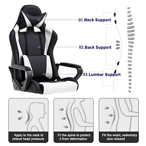 High-Back Gaming Chair PC Office Chair Computer Racing Chair PU Desk Task Chair Ergonomic Executive Swivel Rolling Chair with Lumbar Support for Back Pain Women, Men (White)