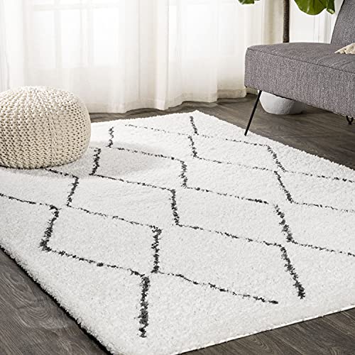 JONATHAN Y MOH405A-8 Catala Moroccan Diamond Shag Indoor Area-Rug Bohemian Geometric Modern Glam Easy-Cleaning Bedroom Kitchen Living Room Non Shedding, 8 X 10, White/Black