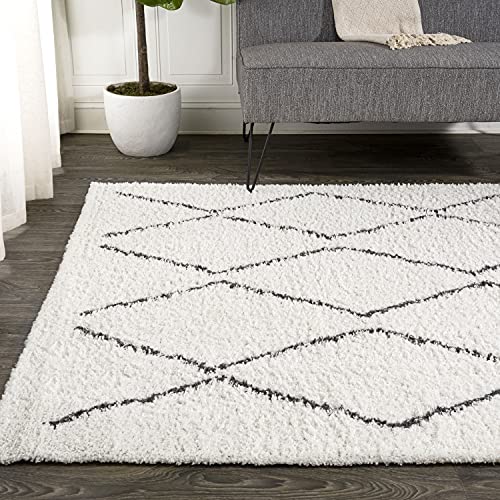 JONATHAN Y MOH405A-8 Catala Moroccan Diamond Shag Indoor Area-Rug Bohemian Geometric Modern Glam Easy-Cleaning Bedroom Kitchen Living Room Non Shedding, 8 X 10, White/Black