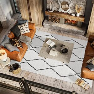 JONATHAN Y MOH405A-8 Catala Moroccan Diamond Shag Indoor Area-Rug Bohemian Geometric Modern Glam Easy-Cleaning Bedroom Kitchen Living Room Non Shedding, 8 X 10, White/Black