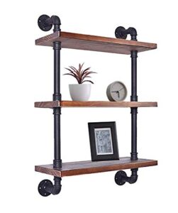 diwhy industrial pipe shelving bookshelf rustic modern wood ladder storage shelf 3 tiers retro wall mount pipe design diy shelving (black, l 24″)