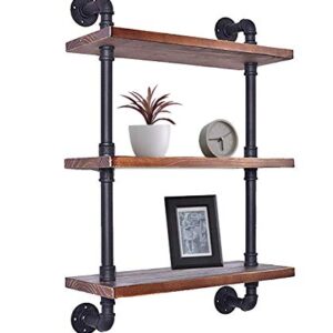 Diwhy Industrial Pipe Shelving Bookshelf Rustic Modern Wood Ladder Storage Shelf 3 Tiers Retro Wall Mount Pipe Design DIY Shelving (Black, L 24")