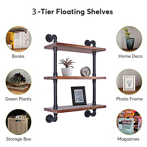 Diwhy Industrial Pipe Shelving Bookshelf Rustic Modern Wood Ladder Storage Shelf 3 Tiers Retro Wall Mount Pipe Design DIY Shelving (Black, L 24")