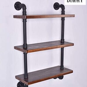 Diwhy Industrial Pipe Shelving Bookshelf Rustic Modern Wood Ladder Storage Shelf 3 Tiers Retro Wall Mount Pipe Design DIY Shelving (Black, L 24")