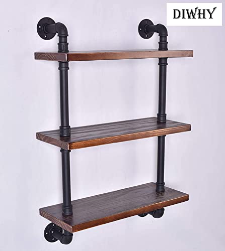 Diwhy Industrial Pipe Shelving Bookshelf Rustic Modern Wood Ladder Storage Shelf 3 Tiers Retro Wall Mount Pipe Design DIY Shelving (Black, L 24")