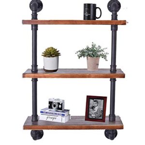 Diwhy Industrial Pipe Shelving Bookshelf Rustic Modern Wood Ladder Storage Shelf 3 Tiers Retro Wall Mount Pipe Design DIY Shelving (Black, L 24")