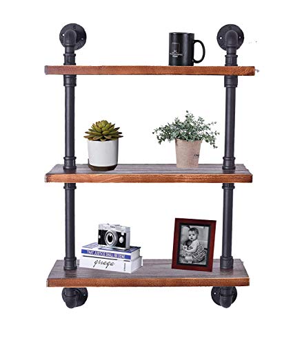 Diwhy Industrial Pipe Shelving Bookshelf Rustic Modern Wood Ladder Storage Shelf 3 Tiers Retro Wall Mount Pipe Design DIY Shelving (Black, L 24")