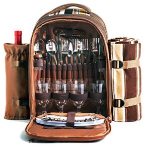 picnic backpack bag for 4 person with cooler compartment, detachable bottle/wine holder, fleece blanket, plates and cutlery set perfect for outdoor, sports, hiking, camping, bbqs(coffee)