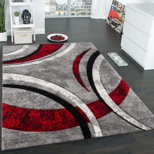 Paco Home Designer Rug with Contour Cut Striped Model in Grey Black and Red Mixture, Size:5'3" x 7'7"