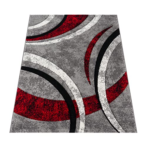 Paco Home Designer Rug with Contour Cut Striped Model in Grey Black and Red Mixture, Size:5'3" x 7'7"