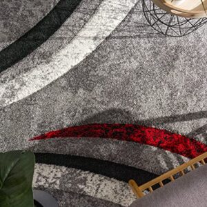 Paco Home Designer Rug with Contour Cut Striped Model in Grey Black and Red Mixture, Size:5'3" x 7'7"