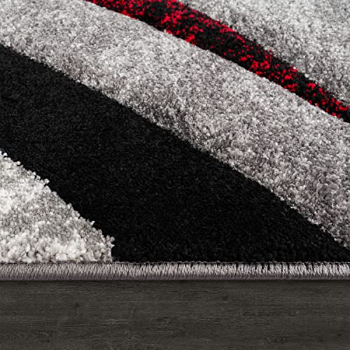 Paco Home Designer Rug with Contour Cut Striped Model in Grey Black and Red Mixture, Size:5'3" x 7'7"