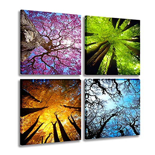 MESESE Art 4 Panels Canvas Print Wall Art Spring Summer Autumn Winter Four Seasons Landscape Color Tree Painting Pictures Prints Nature Forest Artwork Stretched and Framed for Bedroom Living Room Home Decorations