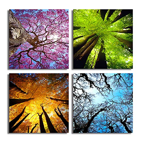 MESESE Art 4 Panels Canvas Print Wall Art Spring Summer Autumn Winter Four Seasons Landscape Color Tree Painting Pictures Prints Nature Forest Artwork Stretched and Framed for Bedroom Living Room Home Decorations