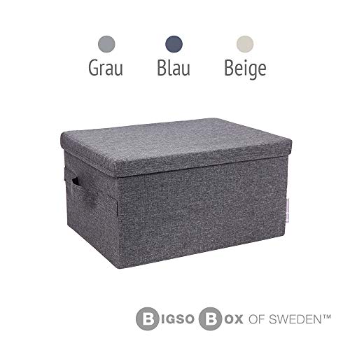 Bigso Soft Foldable Polyester Storage Box with Lid | Fabric Storage Bin with Lid and Handles for Closets and Rooms | Collapsible Storage Box for Clothes and More | 13.4″ x 17.7″ x 9.8” | Large | Grey