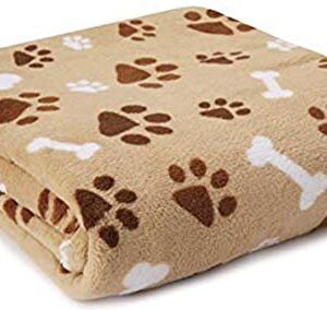 JustHome Fun Print Soft Cozy Lightweight 50 x 60 Fleece Throw Blanket (Tan with Brown and White Puppy Paw and Bone)