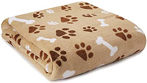 JustHome Fun Print Soft Cozy Lightweight 50 x 60 Fleece Throw Blanket (Tan with Brown and White Puppy Paw and Bone)