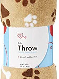 JustHome Fun Print Soft Cozy Lightweight 50 x 60 Fleece Throw Blanket (Tan with Brown and White Puppy Paw and Bone)