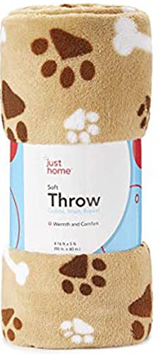 JustHome Fun Print Soft Cozy Lightweight 50 x 60 Fleece Throw Blanket (Tan with Brown and White Puppy Paw and Bone)