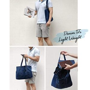 HOXIS Light Weight Soft Denim Tote Unisex Shopper Shoulder Handbag (Navy)