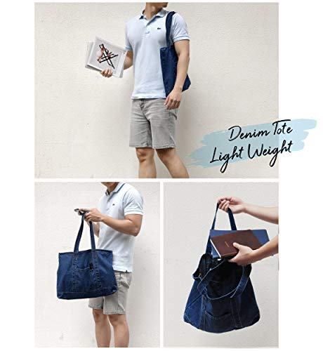 HOXIS Light Weight Soft Denim Tote Unisex Shopper Shoulder Handbag (Navy)